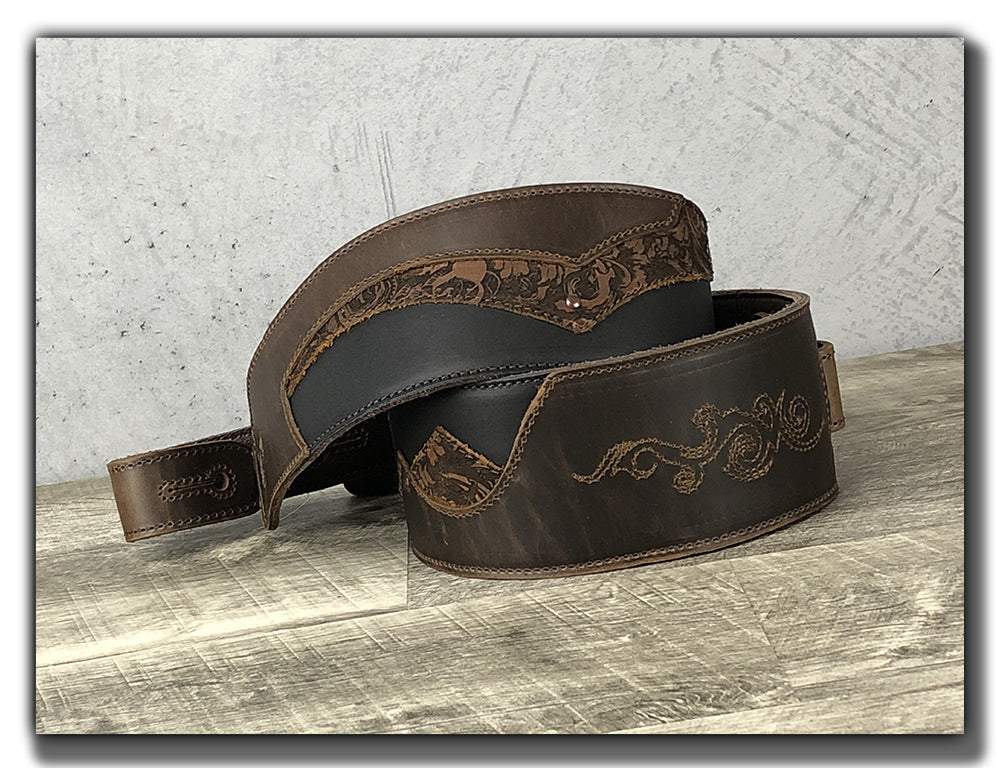 Leather Guitar Strap | Emroidered, Handmade | Brown | Shadowlands TriTone